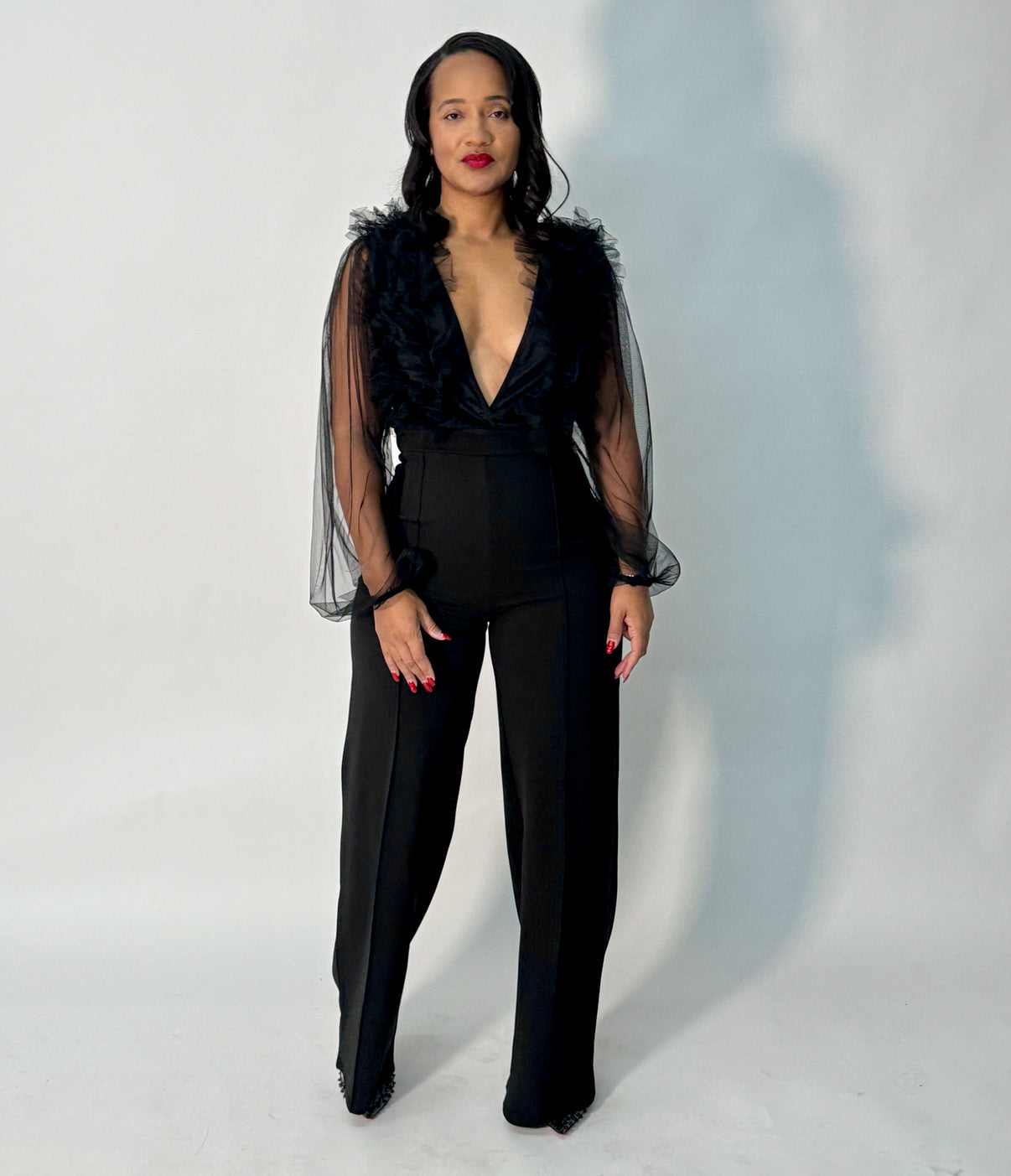 SHEER SLEEVE JUMPSUIT – Front Page Boutique
